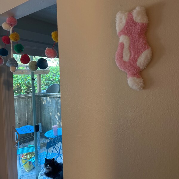 Hand Tufted Pink and White Cat Rug, Cat Wall Hanging, Cute Cat Decor ...