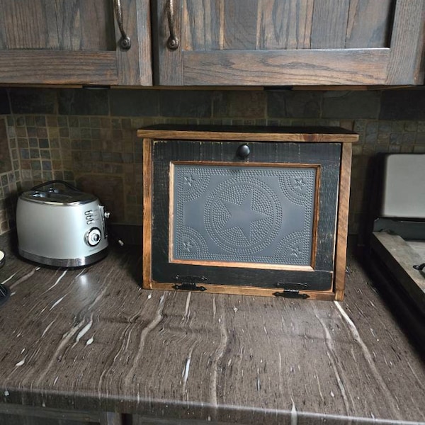 Rustic Wood Bread Box Large Kitchen Counter Storage Punched Star Tin ...
