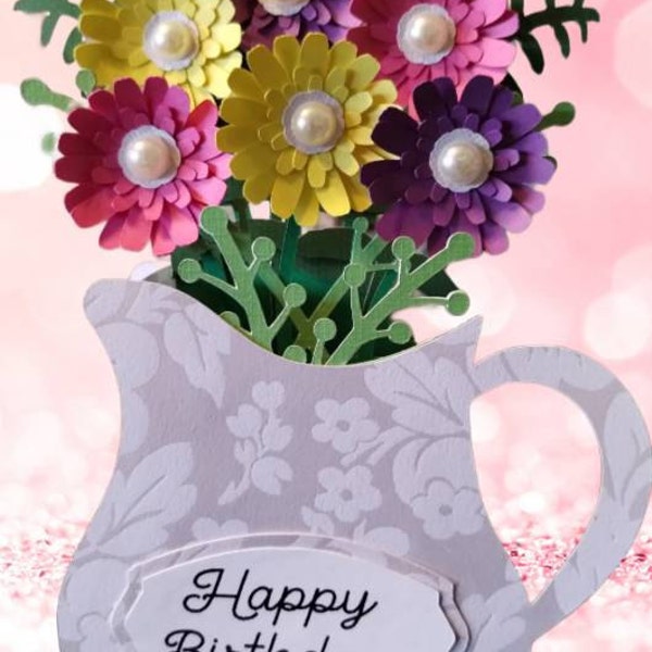 Pitcher of Flowers Card SVG. Flower Box Card Cutting File. Floral Card ...