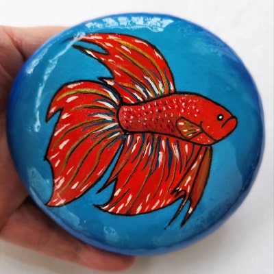 Hand-painted Betta Fish Art Stone Colorful Aquatic Decor, Unique Rock ...