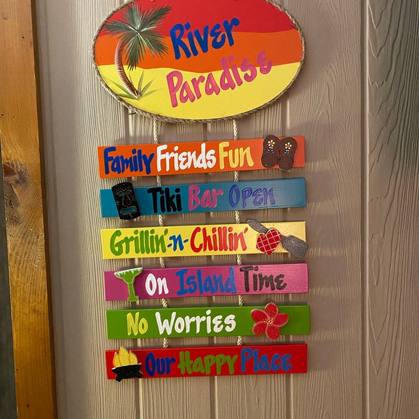 Backyard Paradise Hand Painted Wood Wall Hanger Sign Personalized Tiki ...