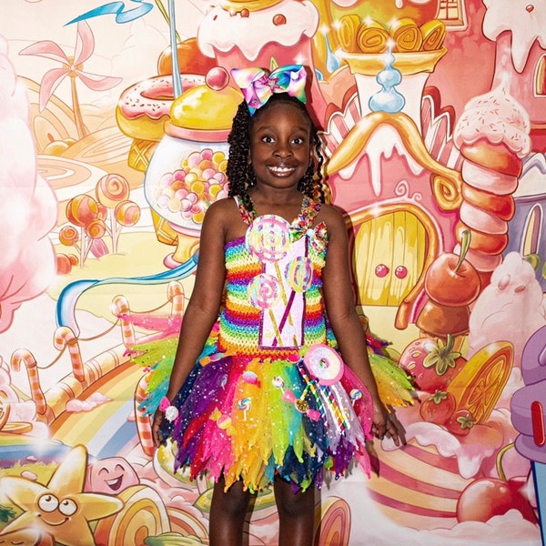 Girls Rainbow Candyland Tutu Dress up Costume. Lined Glitter Lollipop ...