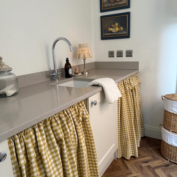 Gingham Hideaway Curtain With Frill in Sunny Yellow, Cupboard Curtain ...