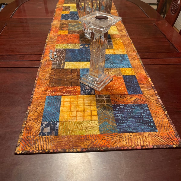 Quilted Batik Table Runner in Earth Tones With Blue, Modern Quilted ...