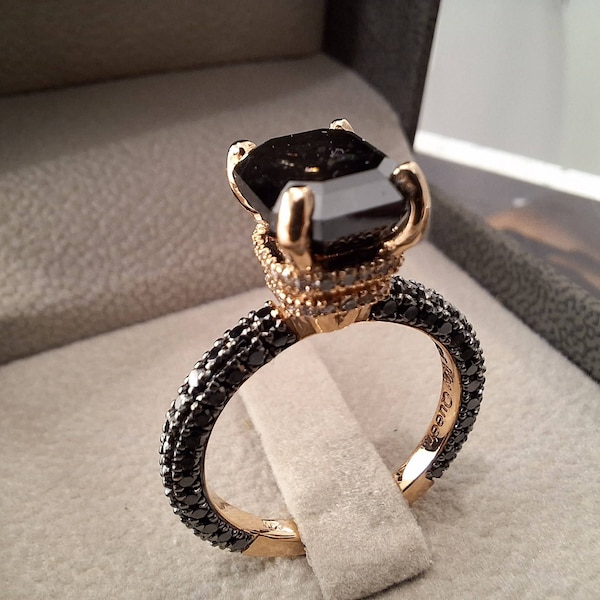 Black Engagement Ring, Square Black Natural Diamond, Three Sided Band ...