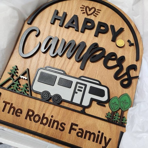 Happy Campers Personalized Welcome Sign | Camper Door Hanger | Wooden ...