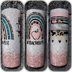 20 Oz Skinny Tumbler Rainbow Pink Glitter Teacher Tumbler Full Pencils ...