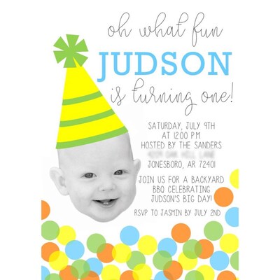 Baby Face Photo First Birthday Party Invitation With Confetti and Party ...