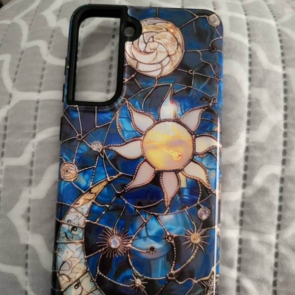 Celestial Stained Glass Print Moon & Stars Phone Case, Faux Stain Glass ...