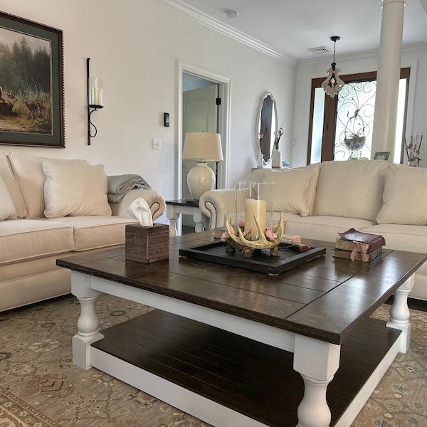 Rustic Baluster Rectangle Farmhouse Coffee Table Khaki Painted - Etsy