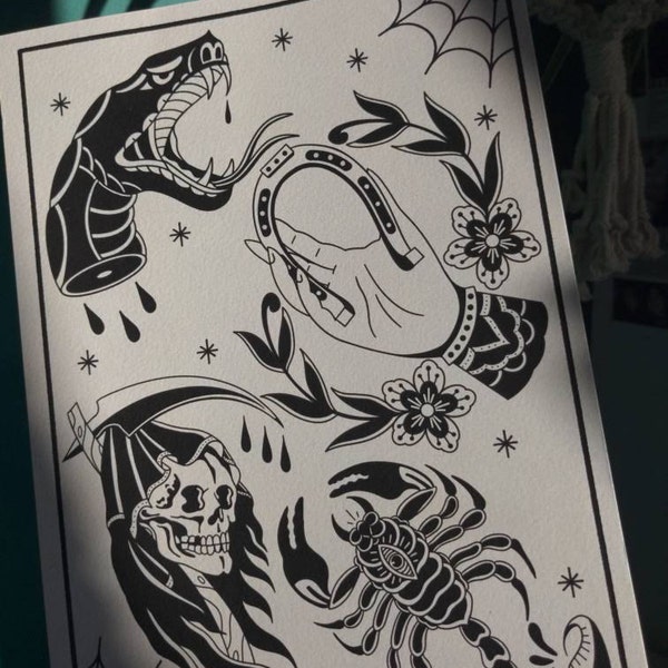 Traditional Tattoo Blackwork Flash Sheet - Art Print - A4 - Etsy UK