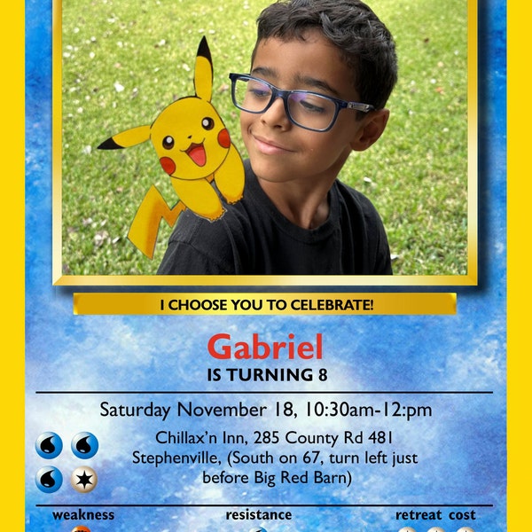 Pikachu Card Birthday Invitation With Picture Photo Printable Editable ...