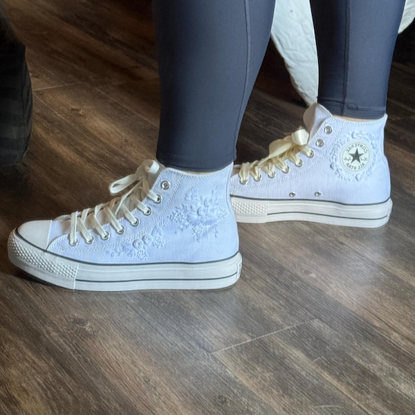 Custom Wedding Converse Platform: White Floral Embroidered Sneakers - Etsy