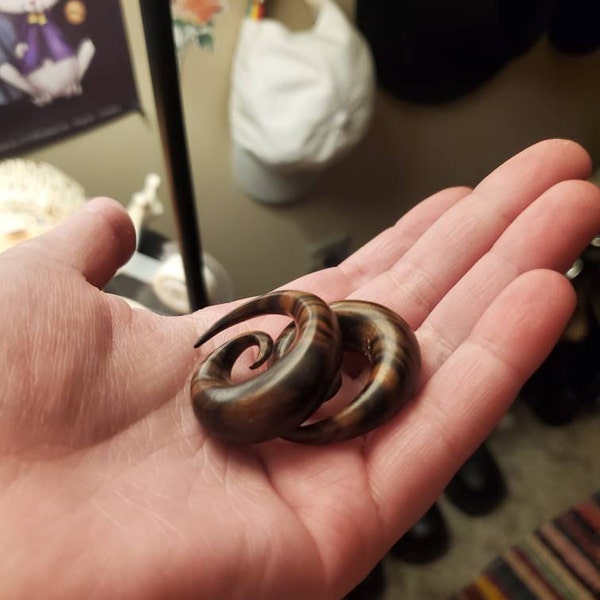 PAIR of Unique Organic Ebony Wood Spiral Tapers/plugs - Gauges 4g (5mm) Thru 0000 (12mm ...