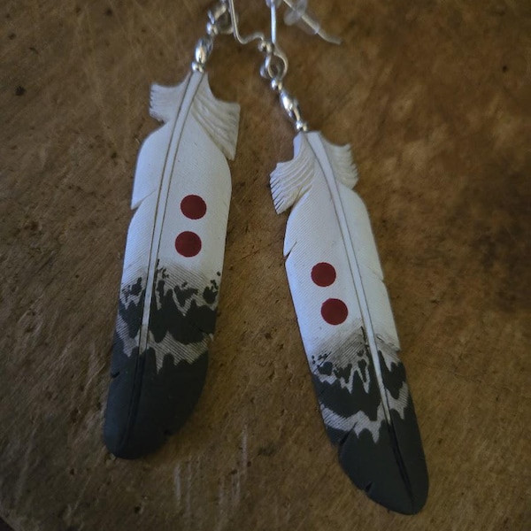 Hand Carved Bison Bone Red-tailed Hawk Feather Earrings, Sterling ...