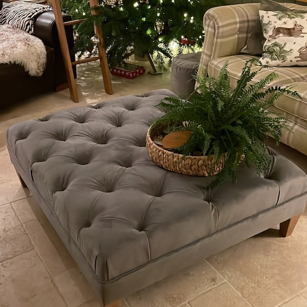 Velvet Chesterfield Ottoman: Deep Buttoned Grey Coffee Table Bench ...