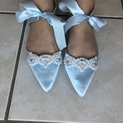 Light Blue Satin Pointy Toe Flats With SMALL PEARLS APPLIQUE and Satin ...