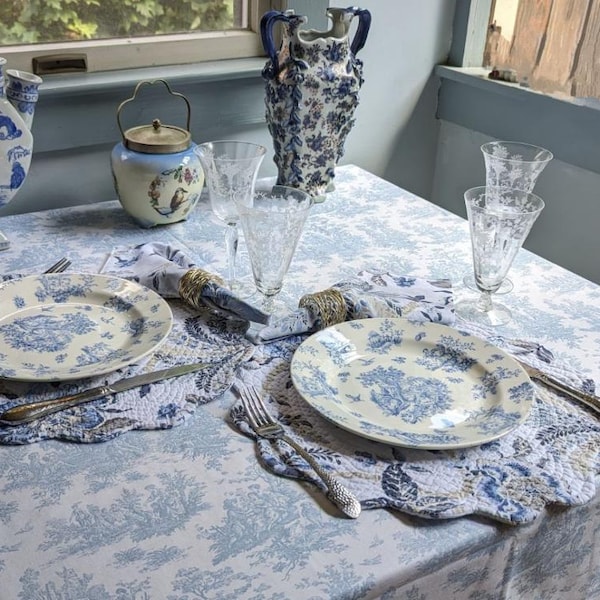 Light Blue Toile Tablecloth Table Cover Linen Toile Table Cloth ...