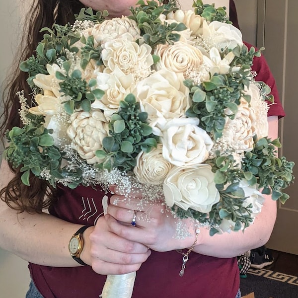 Ivory and Greenery Bouquet, Winter Evergreen Bouquet, Sola Wood Flower ...