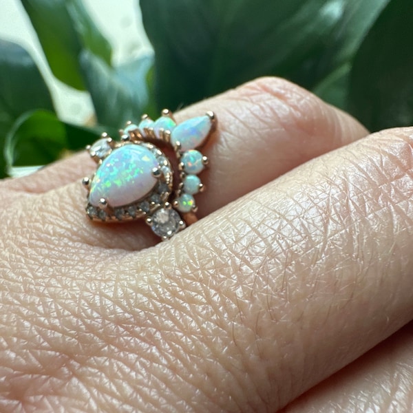 Opal Engagement Ring Set, Art Deco Fitted Opal Ring Set, Opal Bridal Set, Wedding Ring Opal Band ...