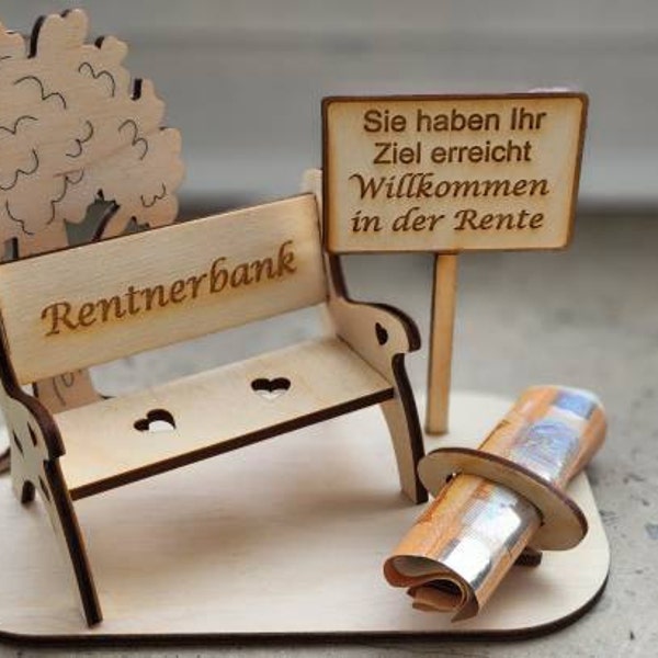 Geschenk zur Rente, große Rentnerbank mit Ortsschild, Geldgeschenk ...