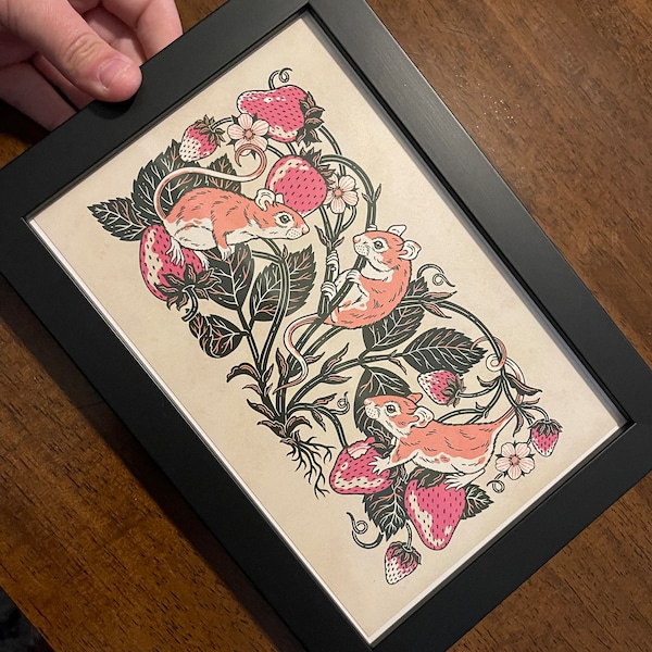 Strawberries & Mice Art Print - Botanical Illustration - Mini Art Print ...