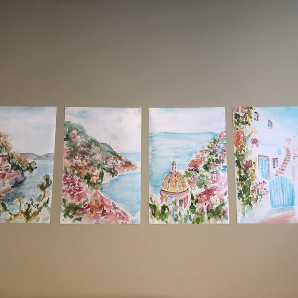 Set of 4 Italy Watercolor Prints Amalfi Coast Mediterranean Seascape ...