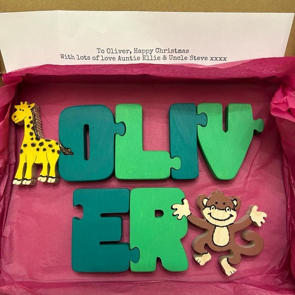 Name Puzzle With 2 Animals / Characters - Painted - Handmade Wooden ...