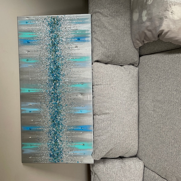 Glitter Glass Painting, Glitter Painting, Silver Glitter Art, Turquoise ...