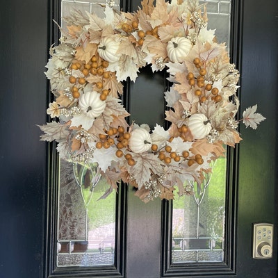 Plum Fall Wreath With Maple Leaves and Green Bow, Purple Autumn Door ...