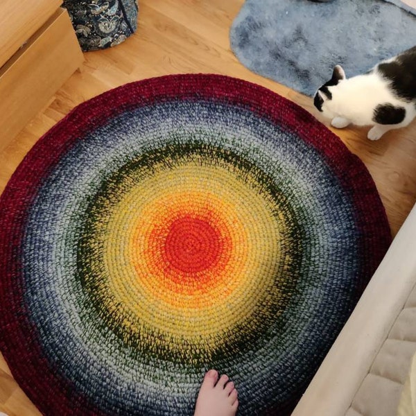 Round Area Rug, 54'' in Diameter, Hand Crochet, Ready to Ship, Wool Rug ...