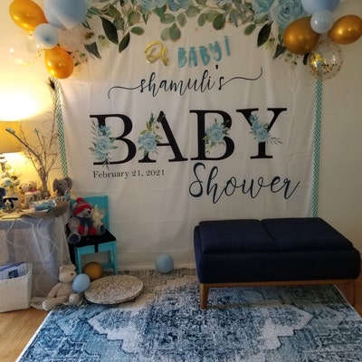 Baby Shower Backdrop Custom Blue Floral Baby Boy Shower Decorations ...