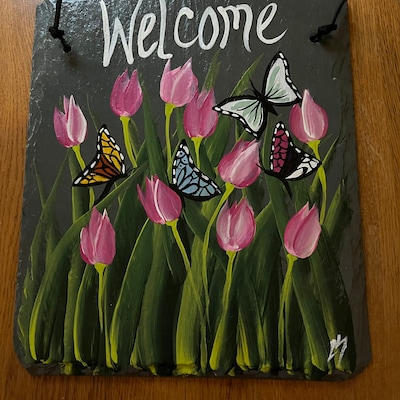 Painted Slate Welcome Sign Garden Slate Sign Floral Welcome - Etsy