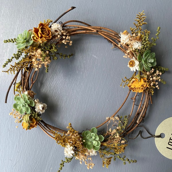 Wildflower Cake Topper Wreath With Dried Yellow Roses and Artificial ...