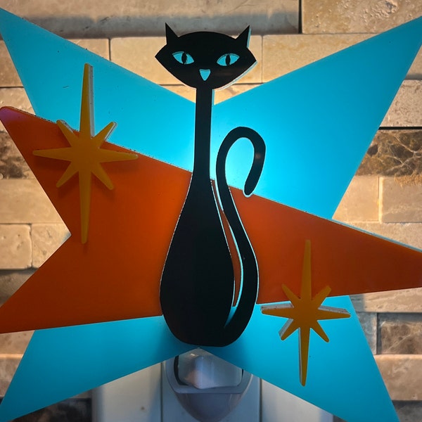 Mid Century Modern Night Light: Black Cat Acrylic Atomic Wall Decor - Etsy