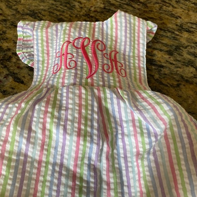 Monogrammed Baby Girl Rainbow Ruffle Bubble With Hot Pink Monogram, Seersucker Girls Bubble ...