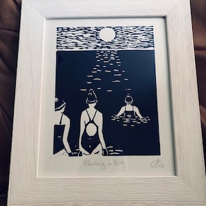 Original Lino Print Featuring Cold Water Sea Swimmers on Worthing Beach ...