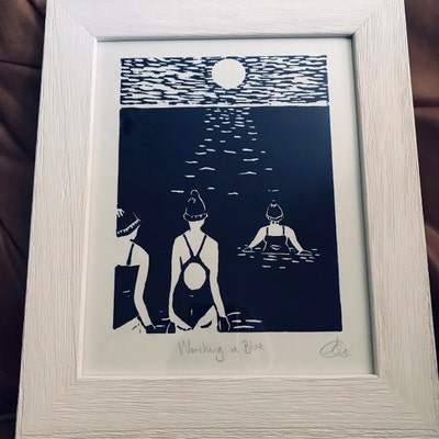Original Lino Print Featuring Cold Water Sea Swimmers on Worthing Beach ...