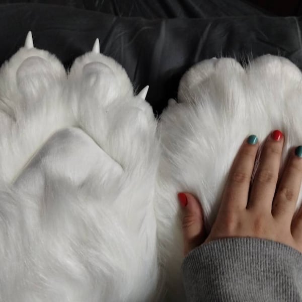 White and Purple Wolf Paw Gloves, Fluffy Kitten Fursuit Paws, Fox Paw ...