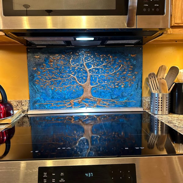 Blue Bird Backsplash Mural, Hawthorn Branch Kitchen Backsplash Tile, Customizable Copper Kitchen ...