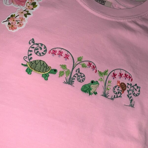 Turtle and Frog With Flowers Embroidered Comfort Colors T-shirt, Nature ...