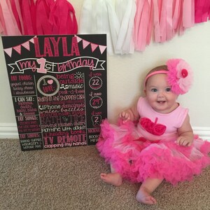 Pink Chevron First Birthday Chalkboard Poster Girl 1st | Etsy