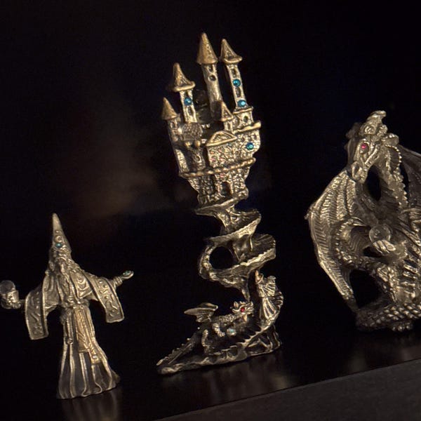Tall Pewter Castle With Dragon Chasing Wizard - Many Colorful Crystals ...
