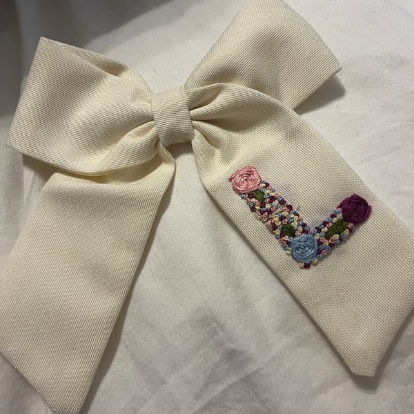 Initial Hand Embroidered Bow Custom Initial Bow Hair Bow Floral Hair ...
