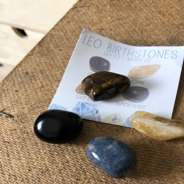 Leo Birthstone Gemstone Kit 23 July - 22 August 4 Tumbled Stones With Info Card and Velvet Bag ...