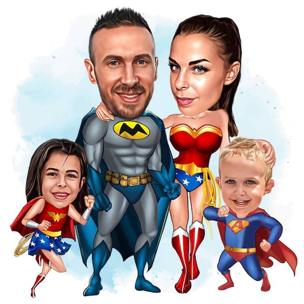 Custom Superhero Family Cartoon Portrait, Family Portrait, Family Gift ...