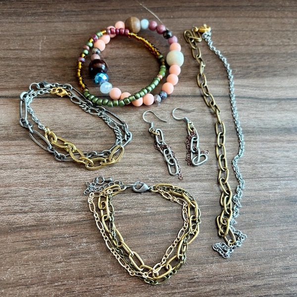 Mixed Metal Chains and Link Bracelets Layering Jewelry Gold and Silver ...