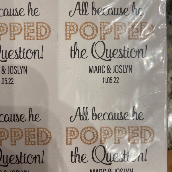 He Popped the Question, Popcorn Favors, Wedding Favors, Custom Stickers ...