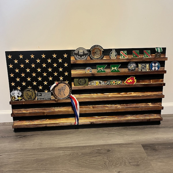 Subdued Wooden American Flag Challenge Coin Display, Holds 90-100 Coins ...