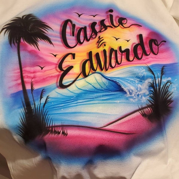 Airbrush T-shirt - Beach Scene - Airbrushed T-shirt - Name ...